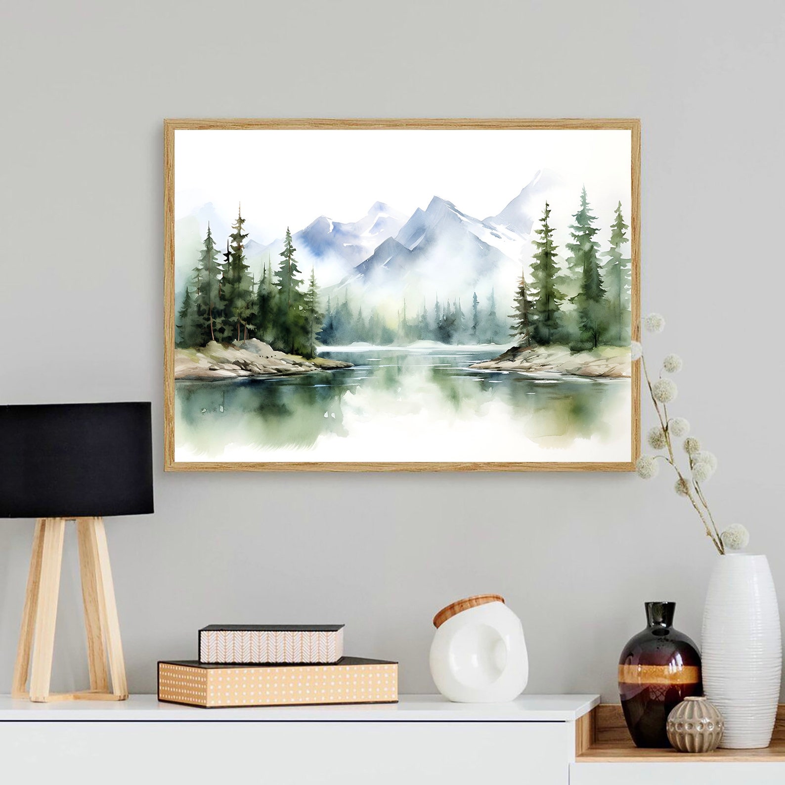 Fjords of Norway Painting Watercolor Art Print Panoramic Landscape Grey ...