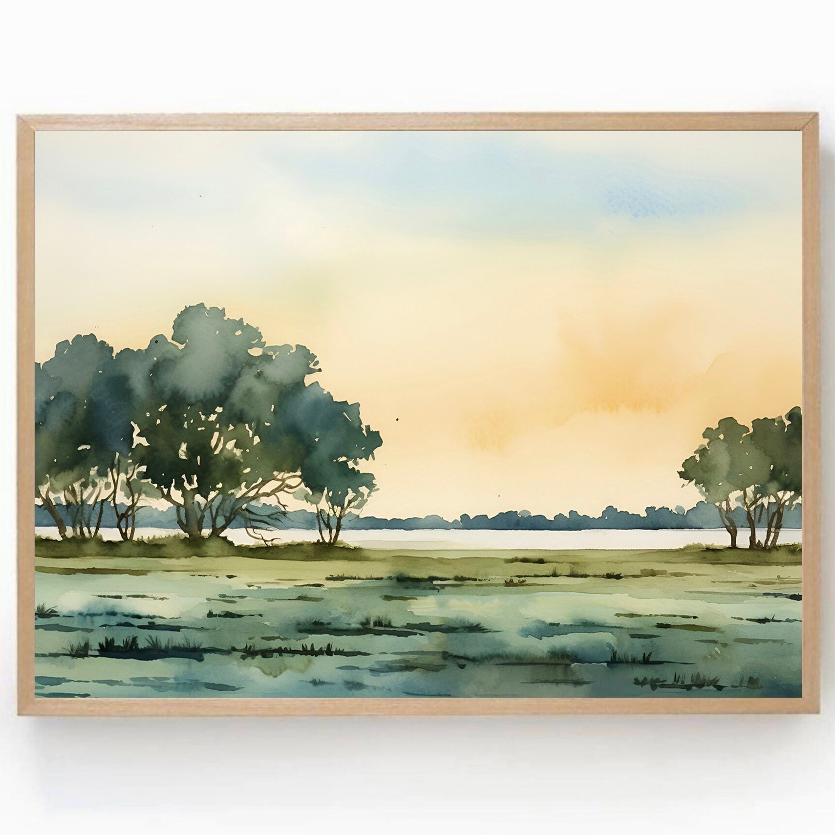 Sunset Lake Print Watercolor Painting Green Field Poster Neutral ...
