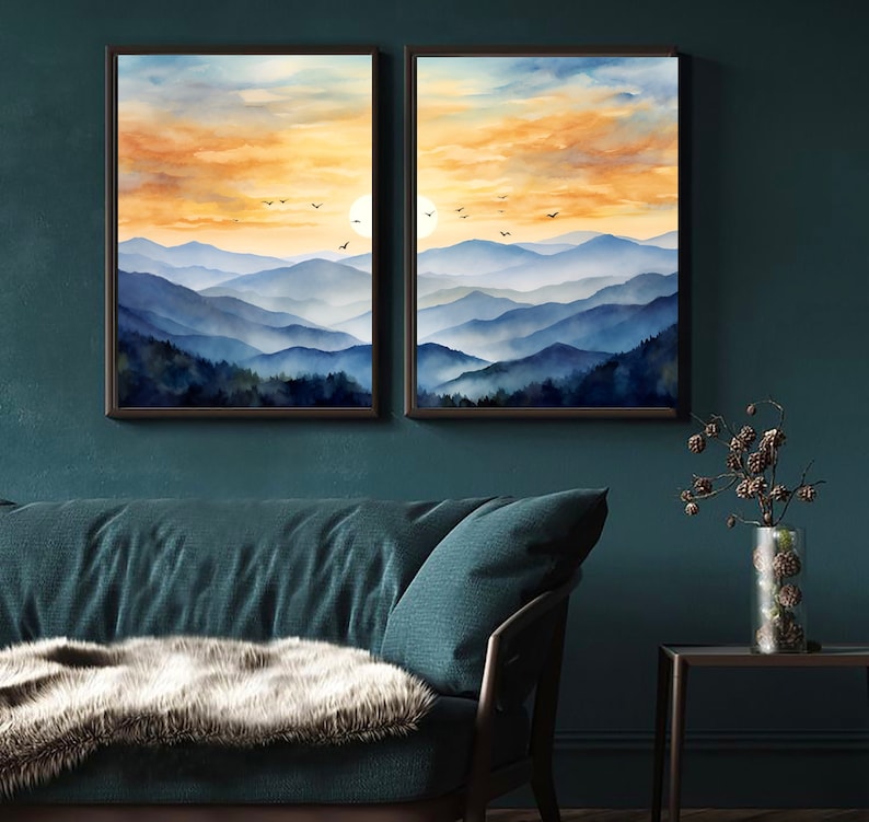Blue Ridge Mountains Prints Set of 2 Large Watercolor Sunset - Etsy