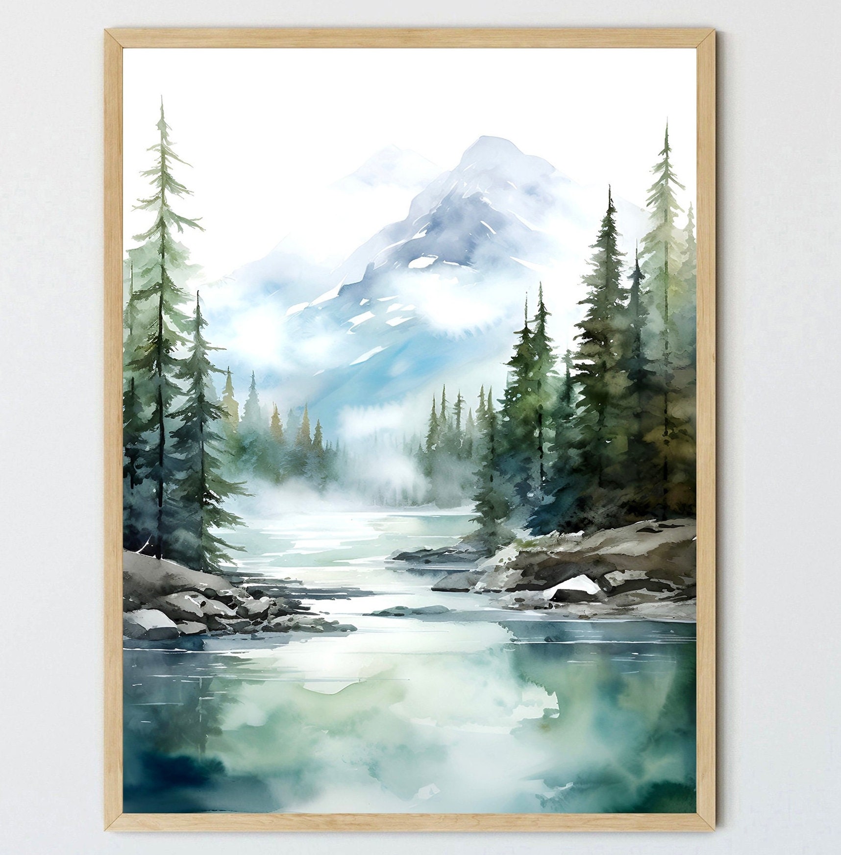 Mountain Forest Lake Print Blue Green Vertical Painting Large ...
