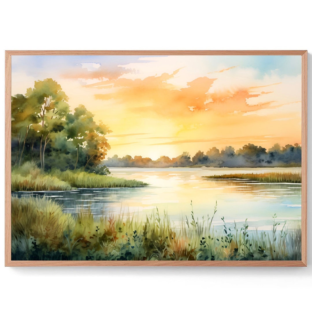 Kansas River Watercolor Painting Sunset Landscape De Soto Shoreline ...