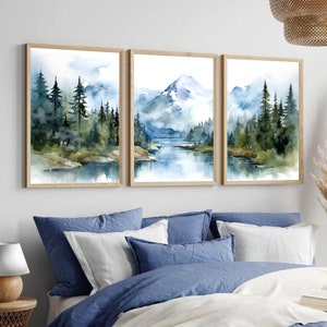 Mountain Set of 3 Nature Landscape National Park Poster Watercolor Lake ...