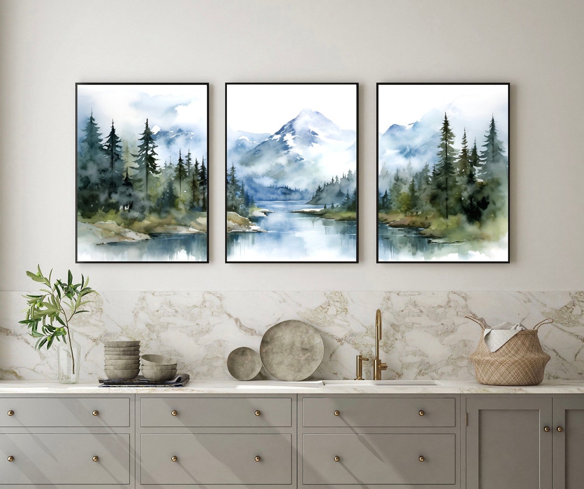Mountain Set of 3 Nature Landscape National Park Poster Watercolor Lake ...
