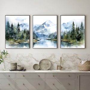 Mountain Set of 3 Nature Landscape National Park Poster Watercolor Lake ...