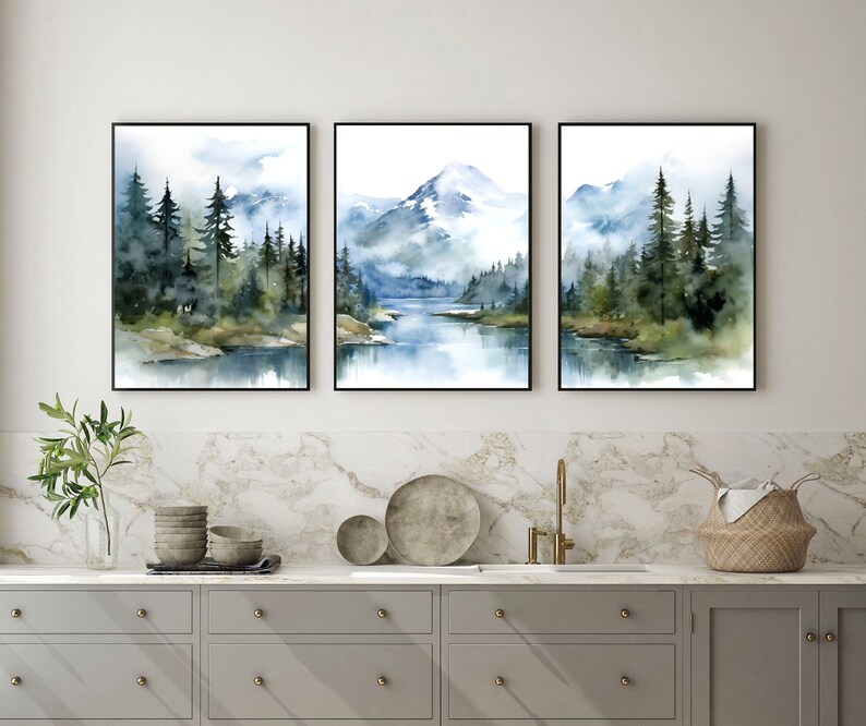 Mountain Set of 3 Nature Landscape National Park Poster Watercolor Lake ...