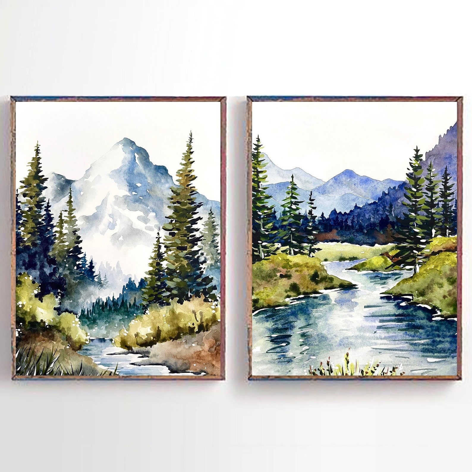 Set of 2 Mountain River Prints Watercolor Large Painting Minimalist ...