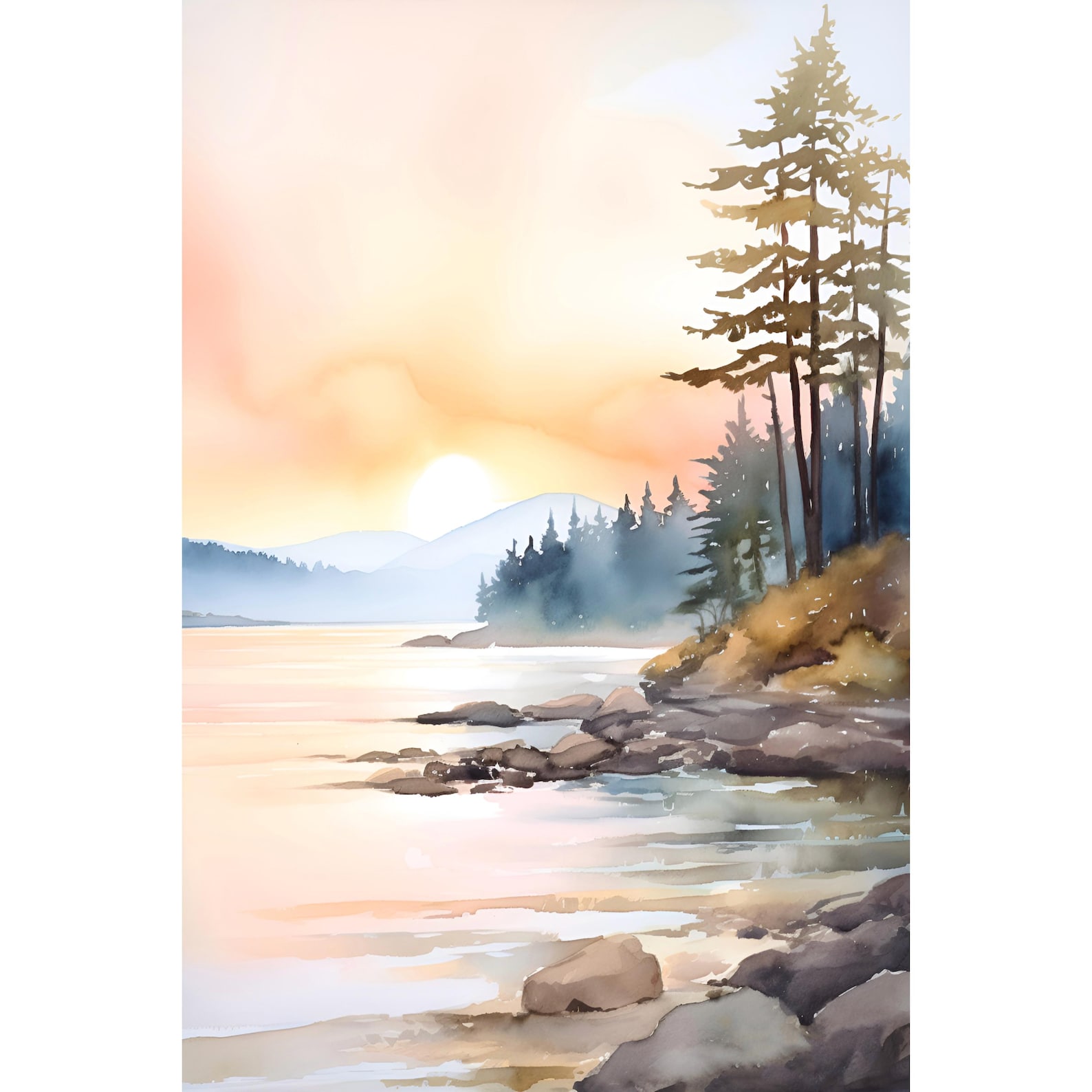 Wood Lake Painting Watercolor Art Print Forest Lake Poster Rock ...