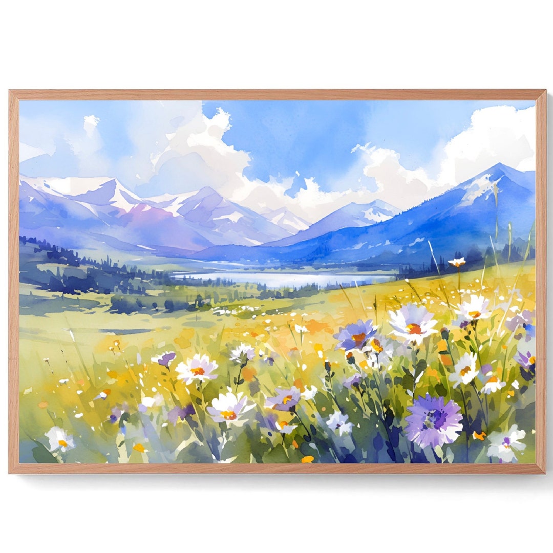 Wasatch Mountains Watercolor Green Field Art Print Wildflowers ...