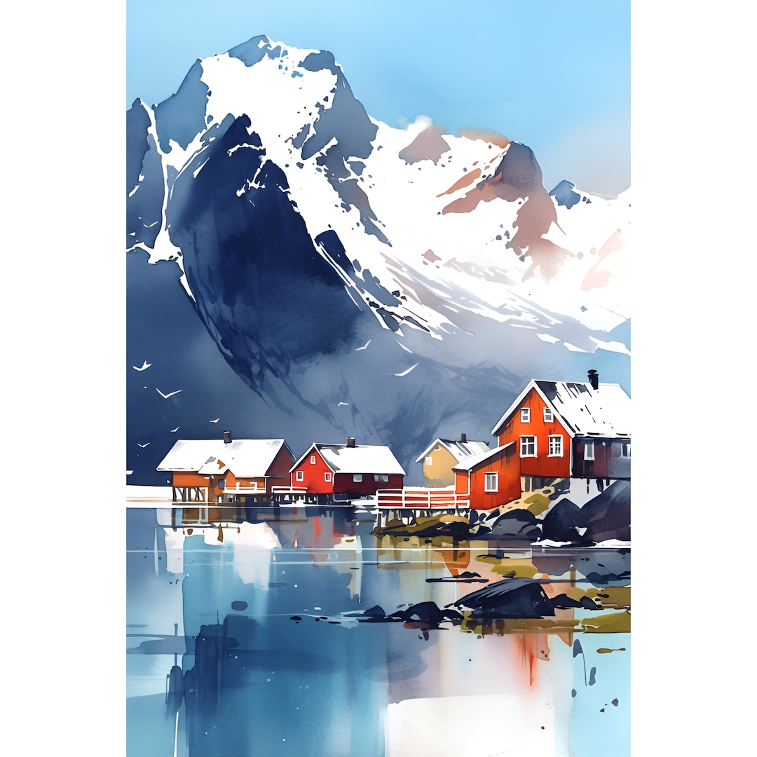 Bergen Norway Poster Watercolor Travel Print Norwegian Fjords Painting ...