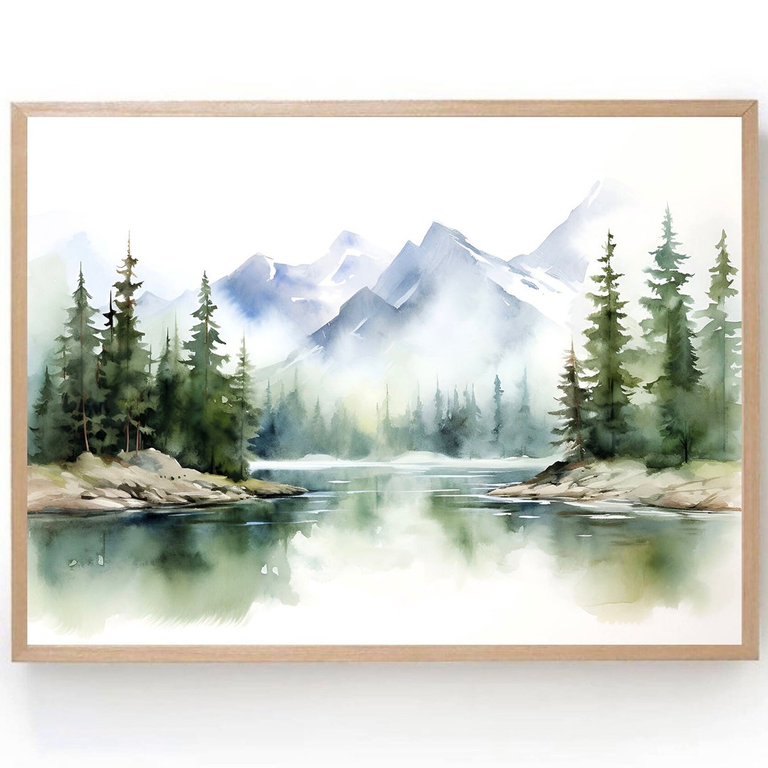 Fjords of Norway Painting Watercolor Art Print Panoramic Landscape Grey ...