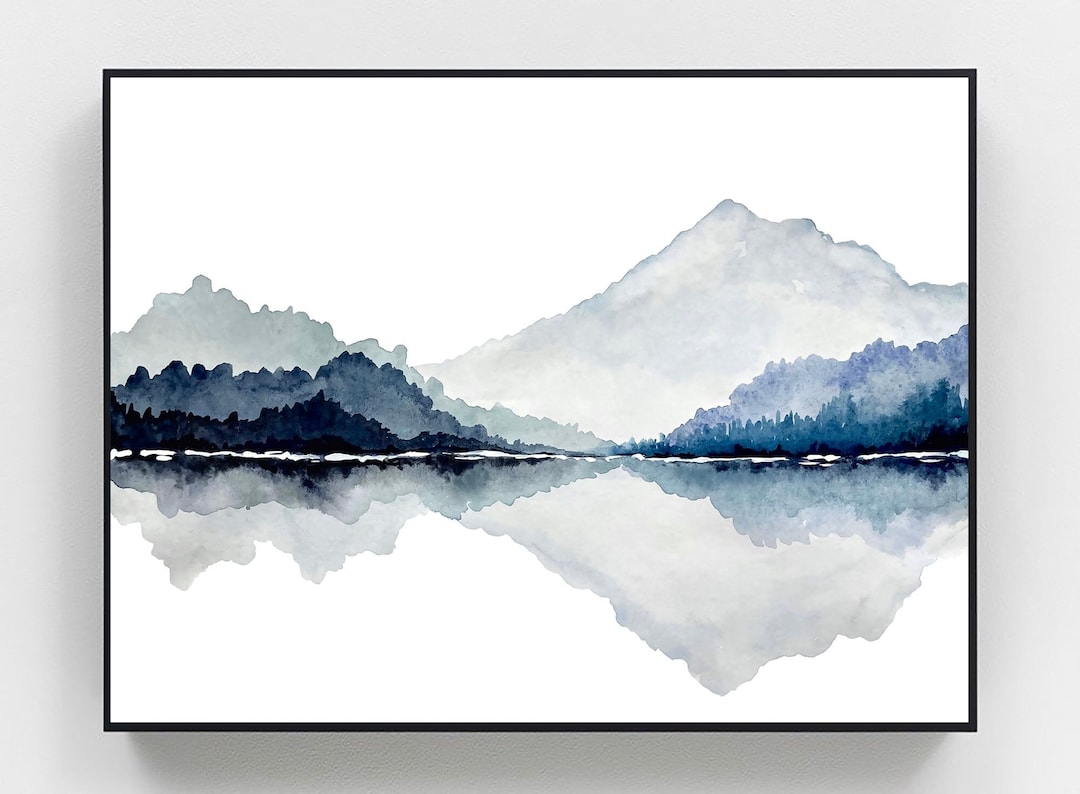 Indigo Blue Print Large Watercolor Landscape Minimalist Wall - Etsy