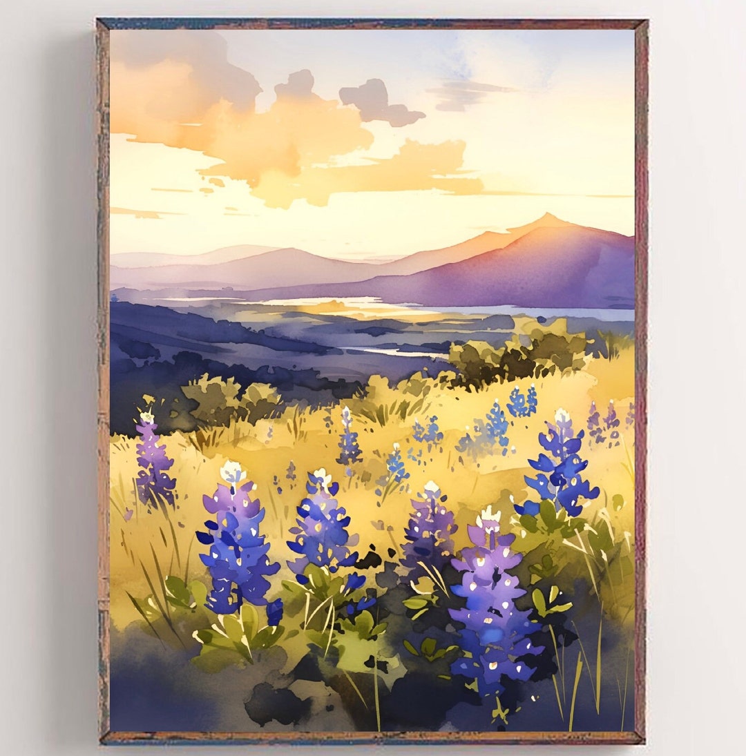 Texas Bluebonnet Painting Floral Wall Art Spring Wildflowers Watercolor ...