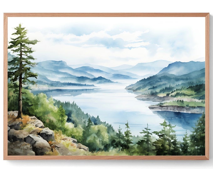 Columbia Gorge Watercolor Art Print Mountain River Landscape Panoramic ...