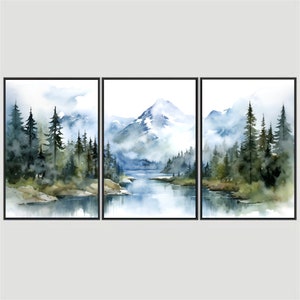 Mountain Set of 3 Nature Landscape National Park Poster Watercolor Lake ...
