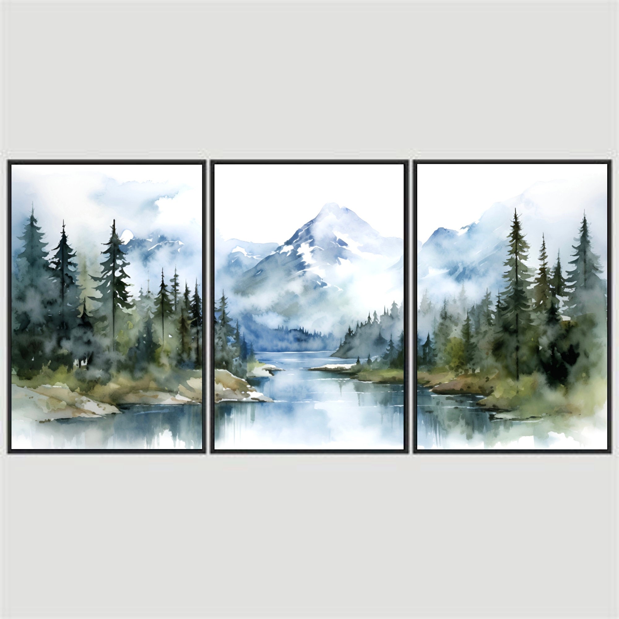 Mountain Set of 3 Nature Landscape National Park Poster Watercolor Lake ...