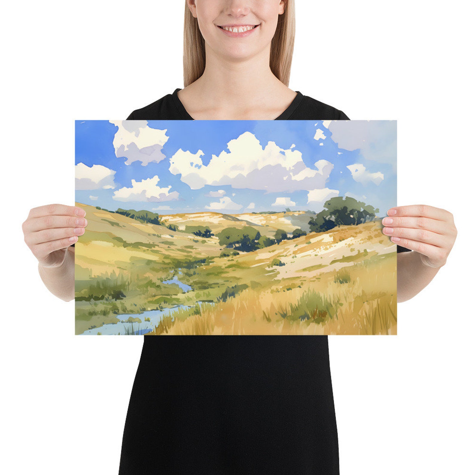 Sand Hills Art Print Nebraska Watercolor Painting Panoramic Landscape ...