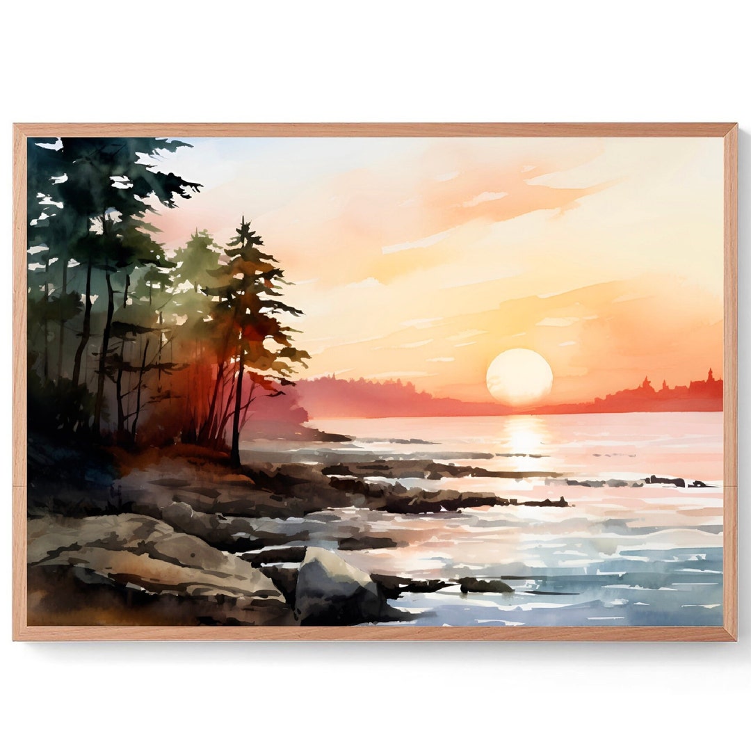 Lake Michigan Watercolor Painting Sunset Landscape Rock North Shoreline ...