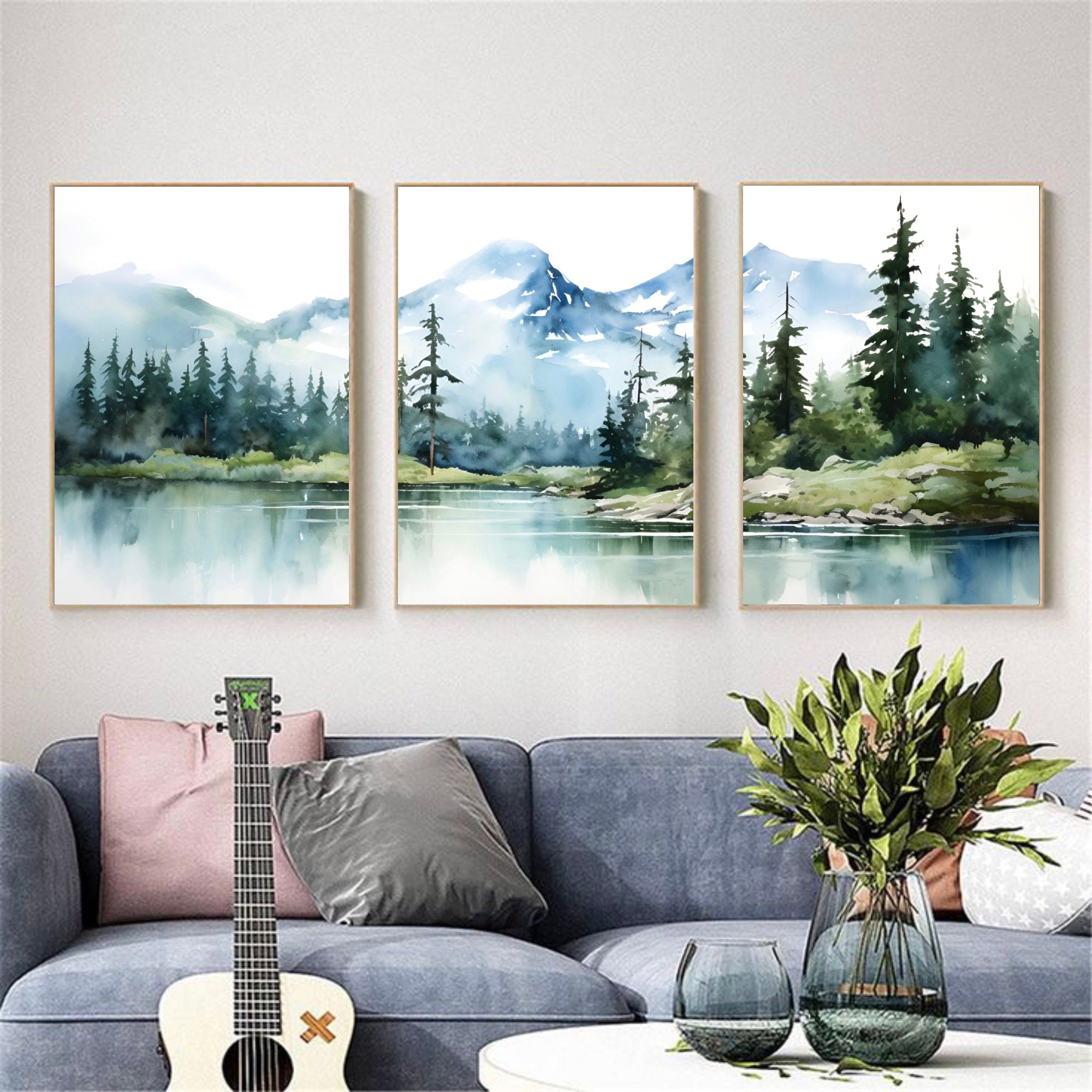 Nature Art Set of 3 Mountain Wall Art Watercolor Landscape Print Set ...