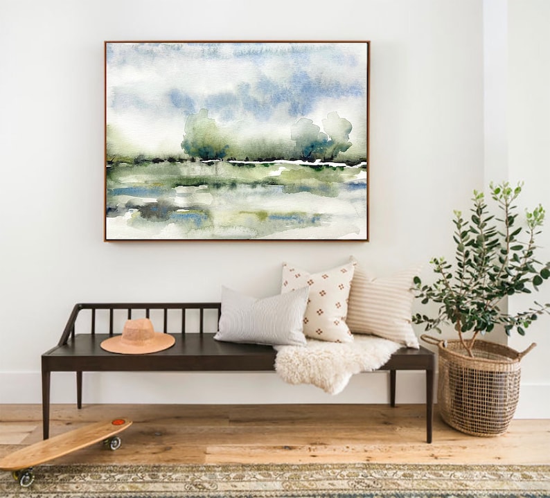 Abstract Blue Green Landscape Watercolor Print Panoramic Watercolour ...