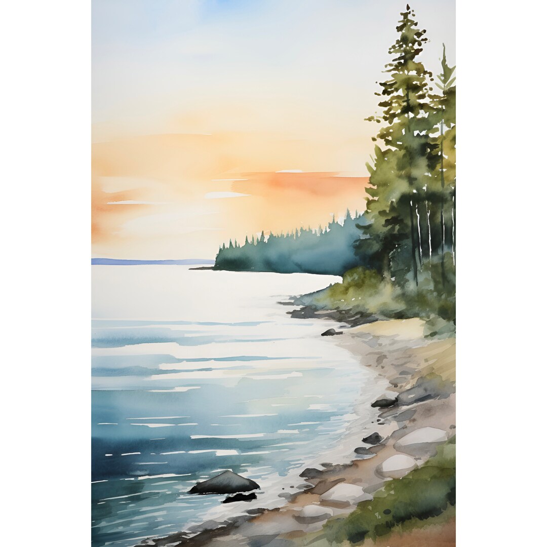 Watercolor Lake Huron Print Michigan Landscape Painting Forest Lake ...