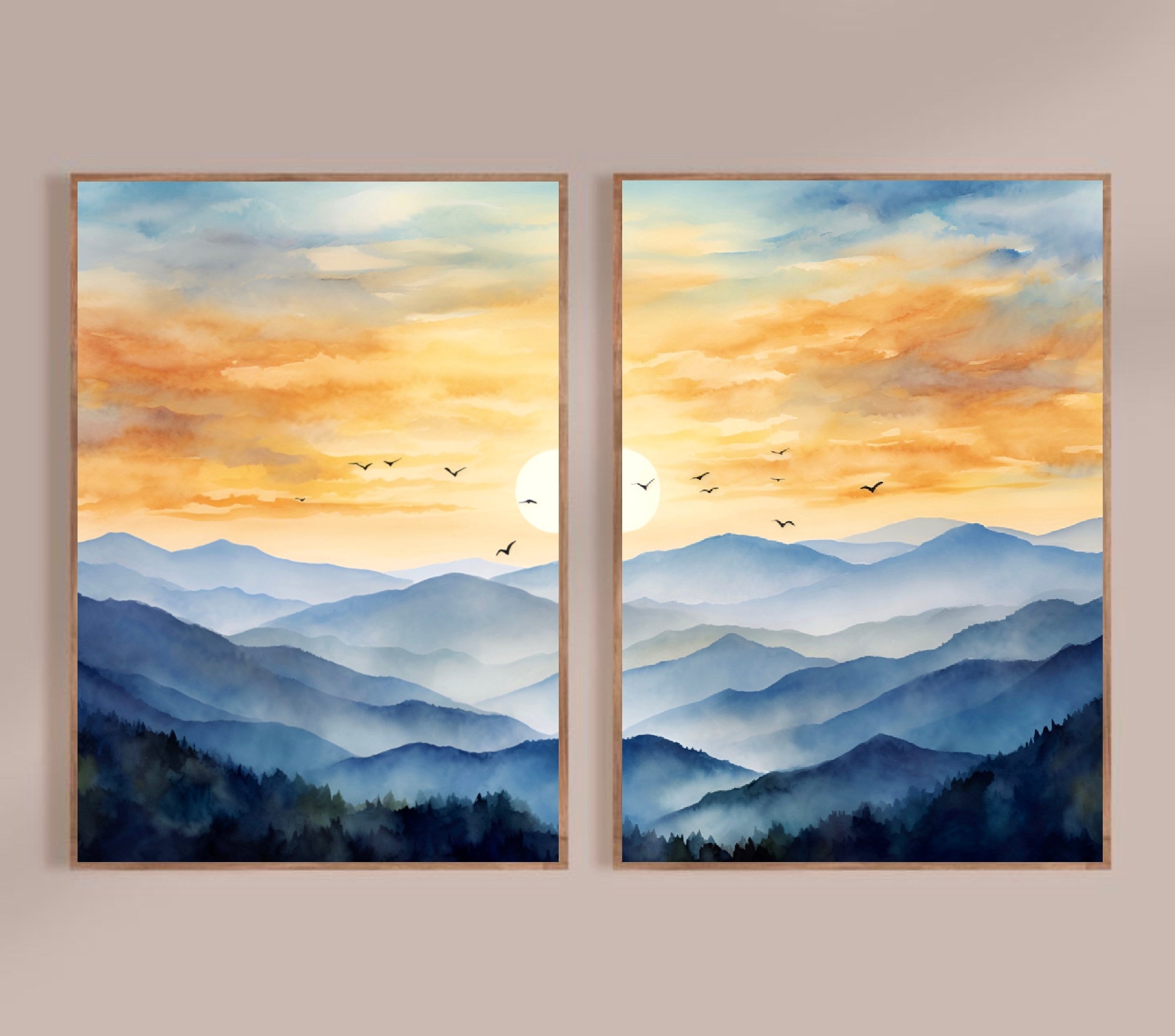 Blue Ridge Mountains Prints Set of 2 Large Watercolor Sunset - Etsy