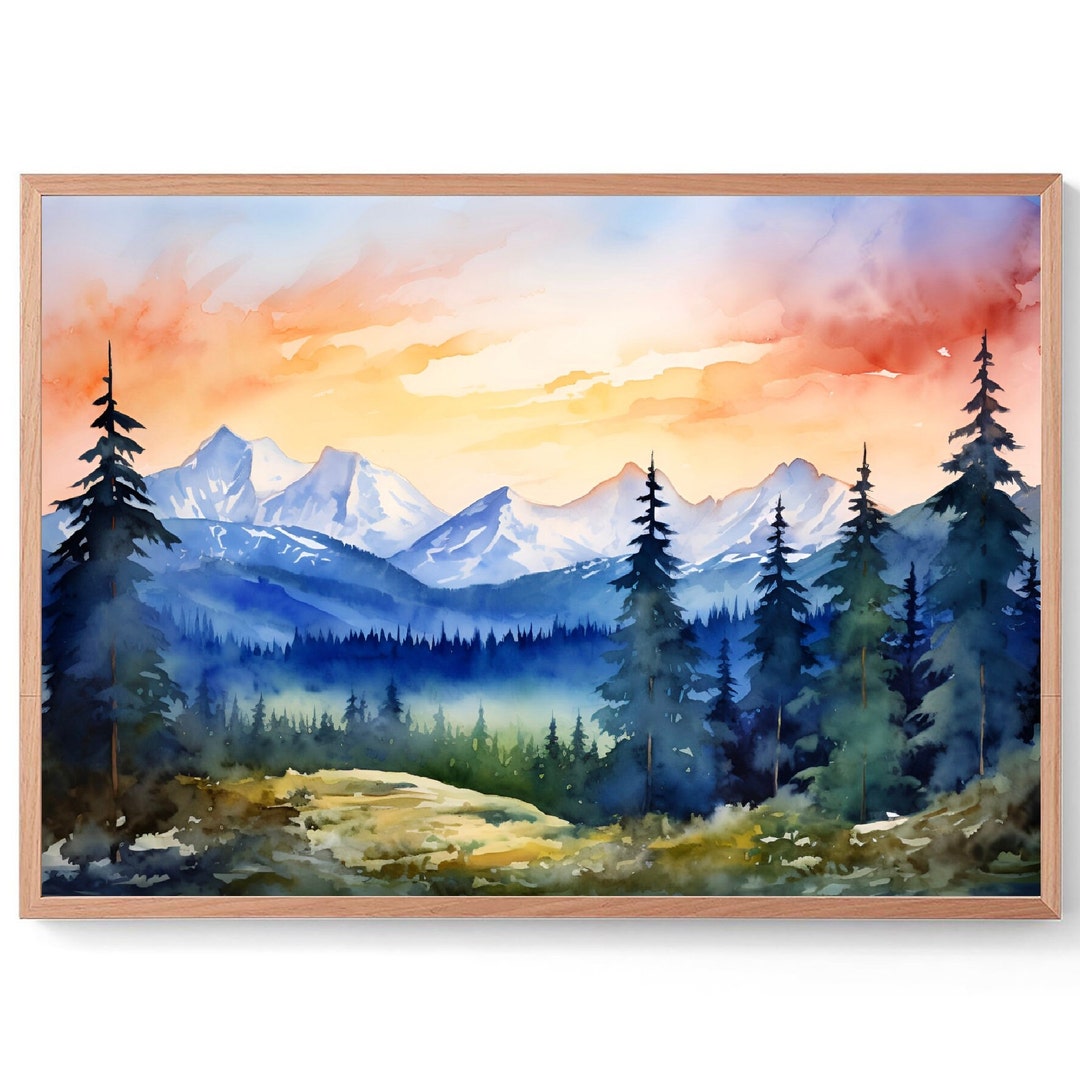 Rocky Mountains Painting Misty Forest Watercolor Art Bitterroot Range ...