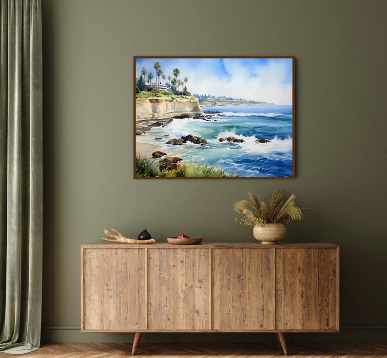 California Coast Art Ocean Watercolor Print Large Panoramic Wall Art ...