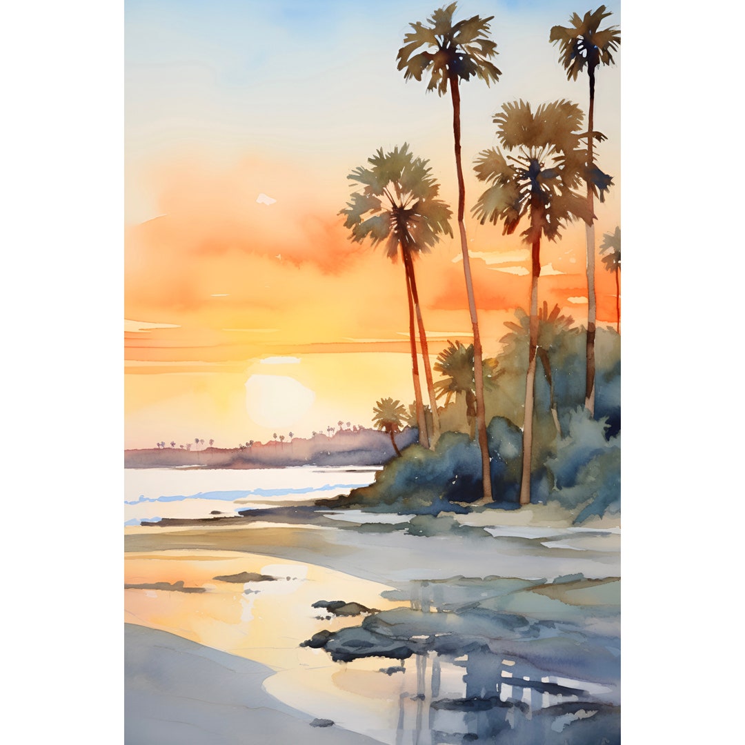 Panama City Beach Art Palm Tree Watercolor Painting Sunset Tropical ...