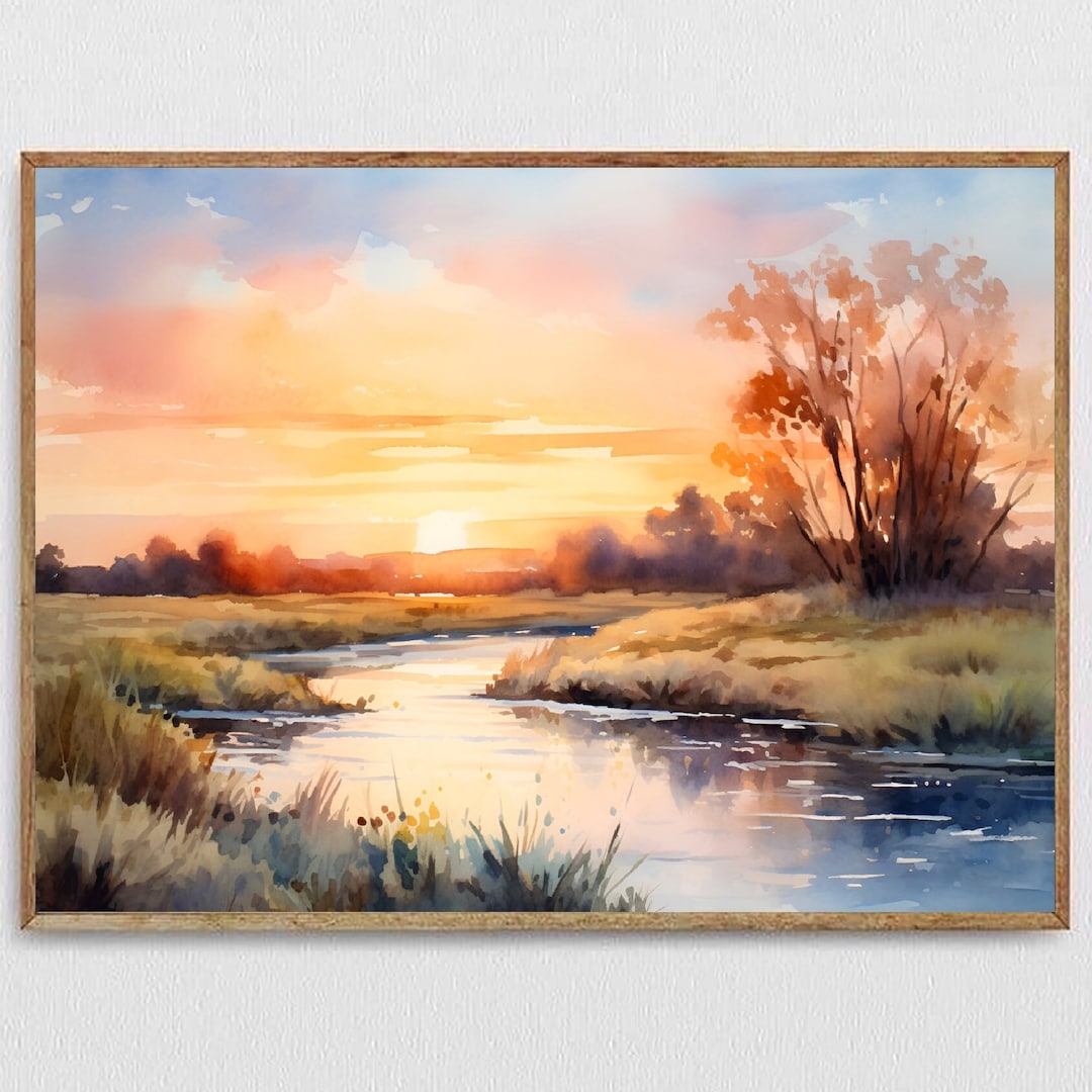 Sunset River Art Misty Water Landscape Watercolor Republican River Wall ...