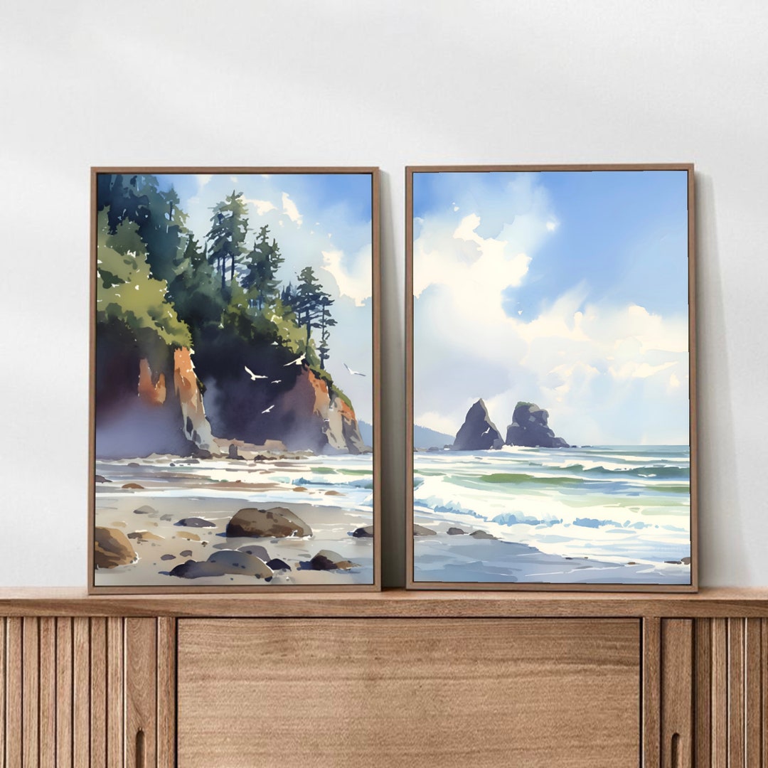 Alki Beach Painting Set of 2 Prints Coastal Watercolor Landscape ...