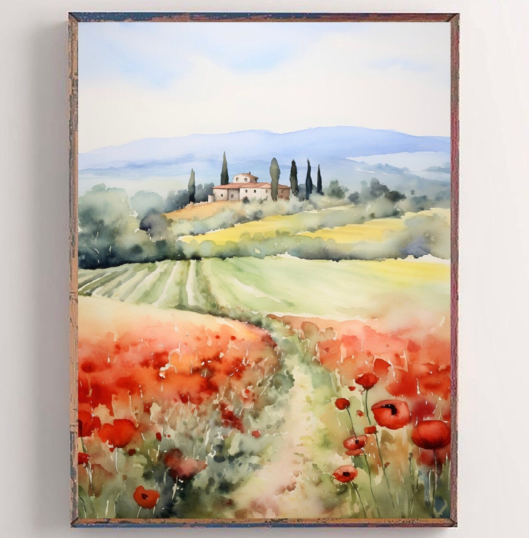 Tuscany Poppy Print Italy Watercolor Painting Italian Landscape Art ...