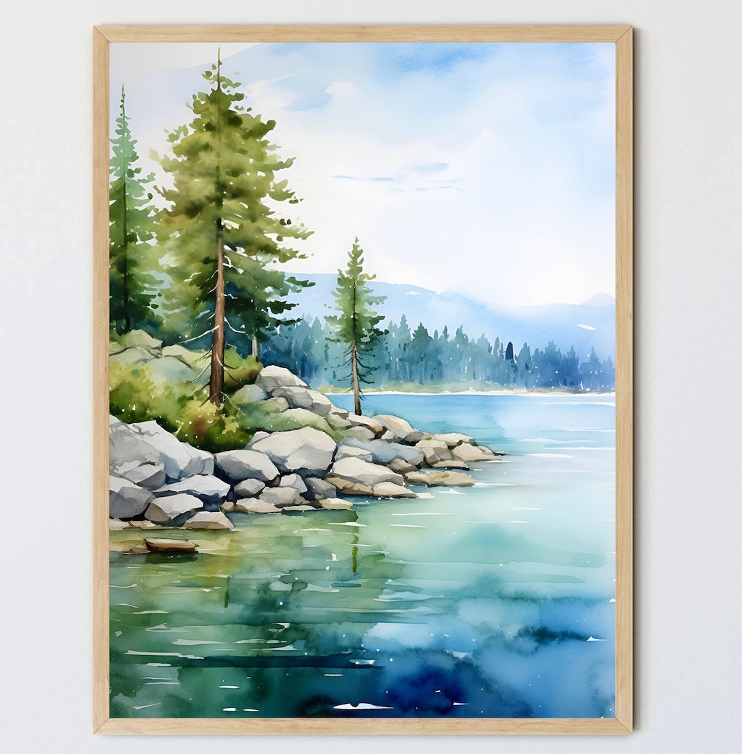 Tahoe Lake Art Print Forest Watercolor Painting Minimalist Wall Art ...