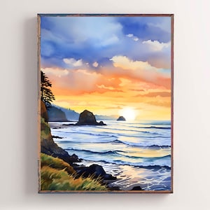 Cannon Beach Painting Oregon Coast Wall Art Sunset Watercolor Print ...