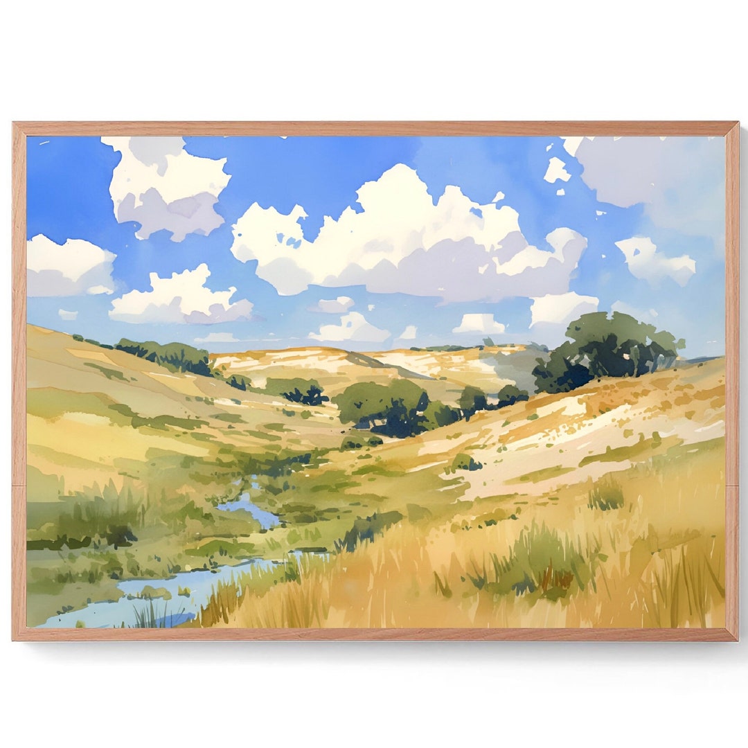 Sand Hills Art Print Nebraska Watercolor Painting Panoramic Landscape ...