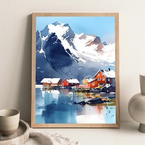 Bergen Norway Poster Watercolor Travel Print Norwegian Fjords Painting ...