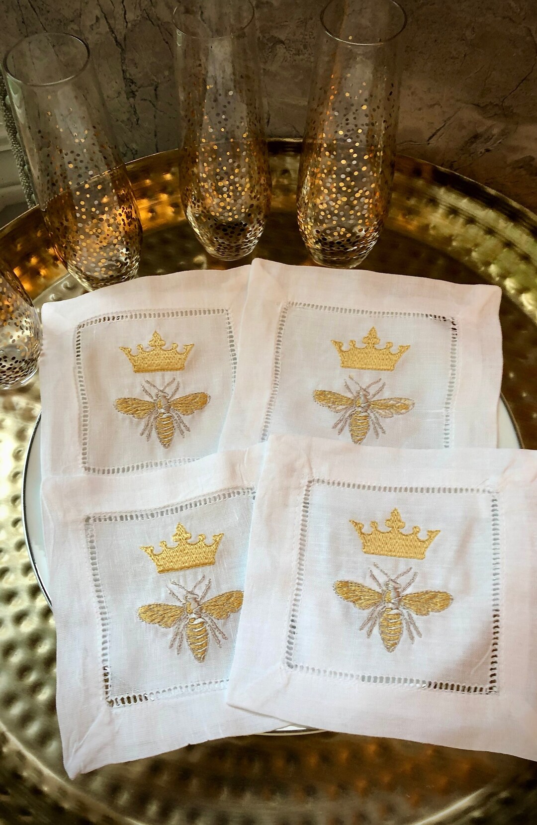 Embroidered Queen Bee Cocktail Napkins/coasters Set of Four - Etsy