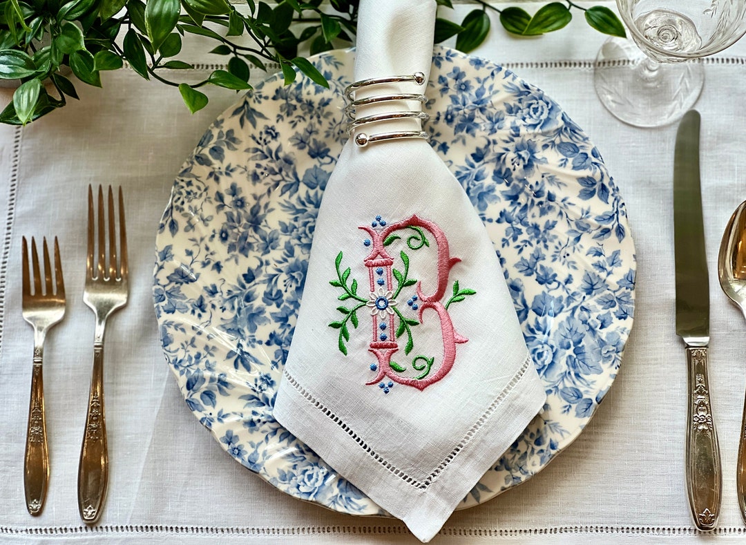Embroidered Floral Springtime Monogrammed Dinner Napkins Set of Four - Etsy