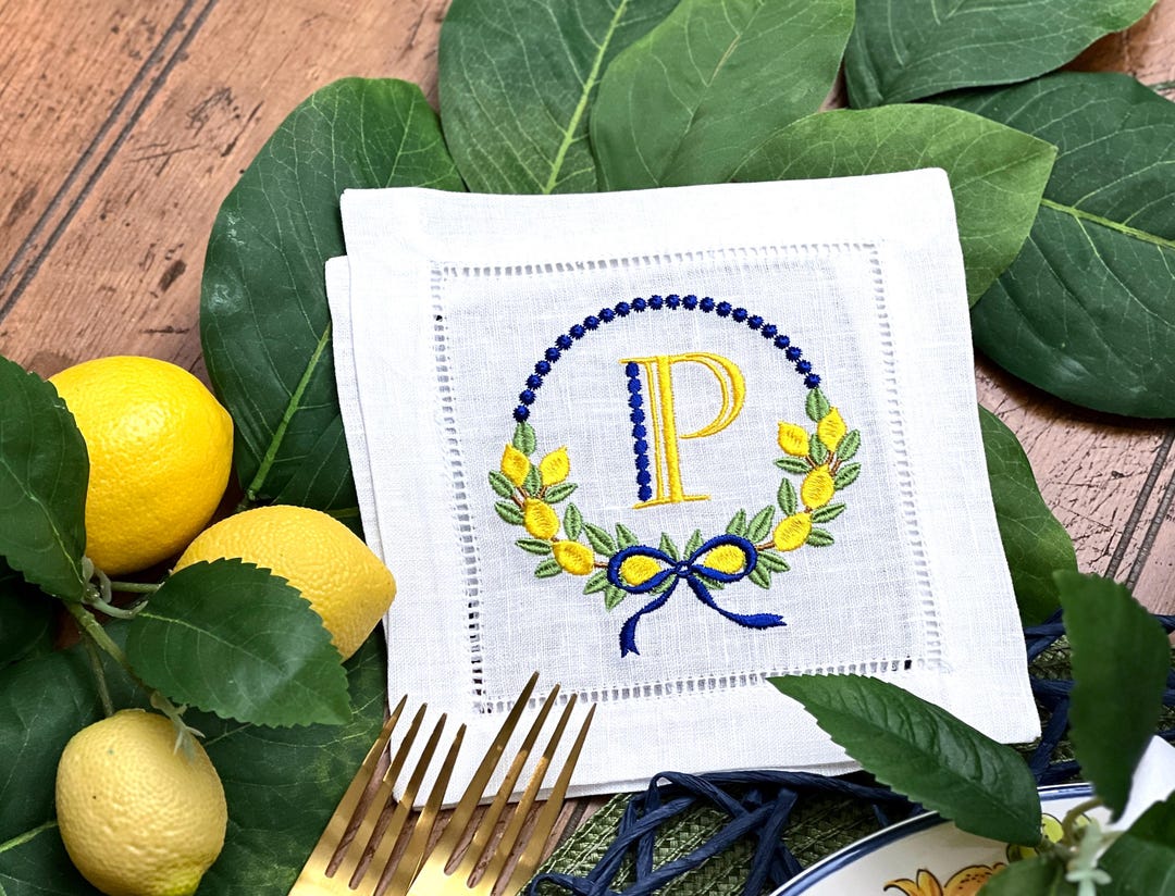 Embroidered Lemon Wreath With Bow Monogrammed Linen Cocktail Napkins ...