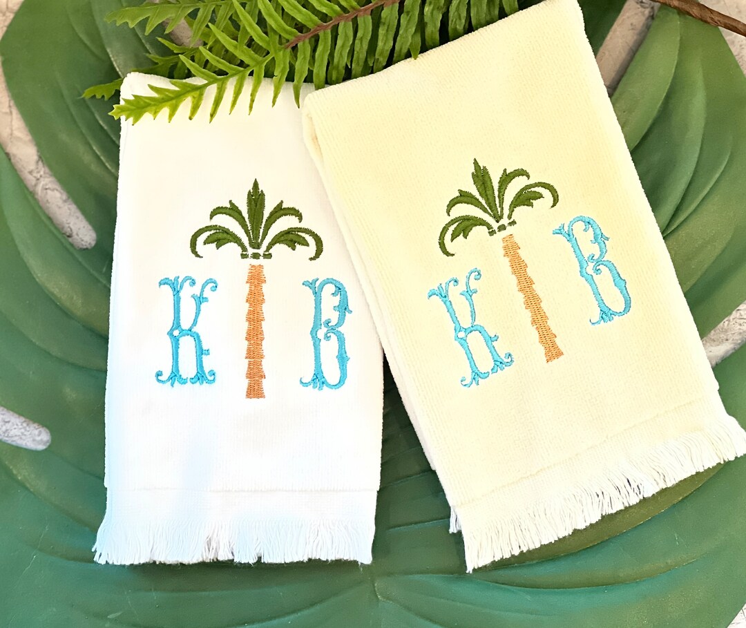 Embroidered Palm Tree Monogrammed Fingertip Towels Set of Two - Etsy