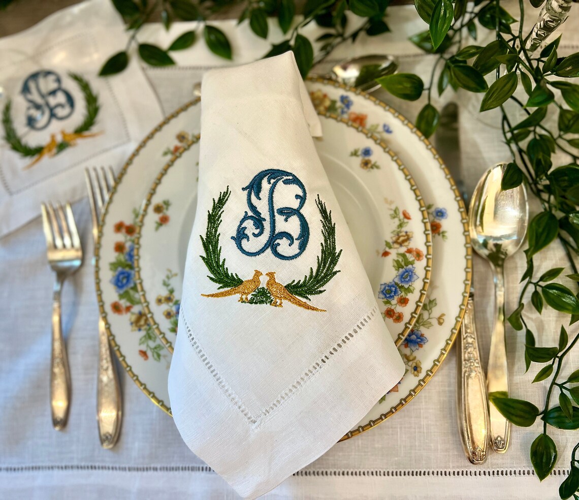 Embroidered Monogrammed Golden Pheasant Dinner Napkins Set of - Etsy