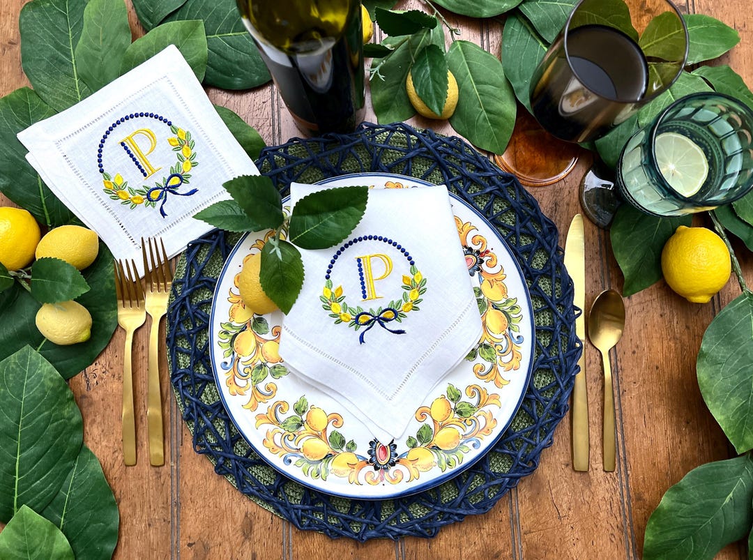 Embroidered Lemon Wreath With Bow Monogrammed Linen Dinner Napkins Set ...