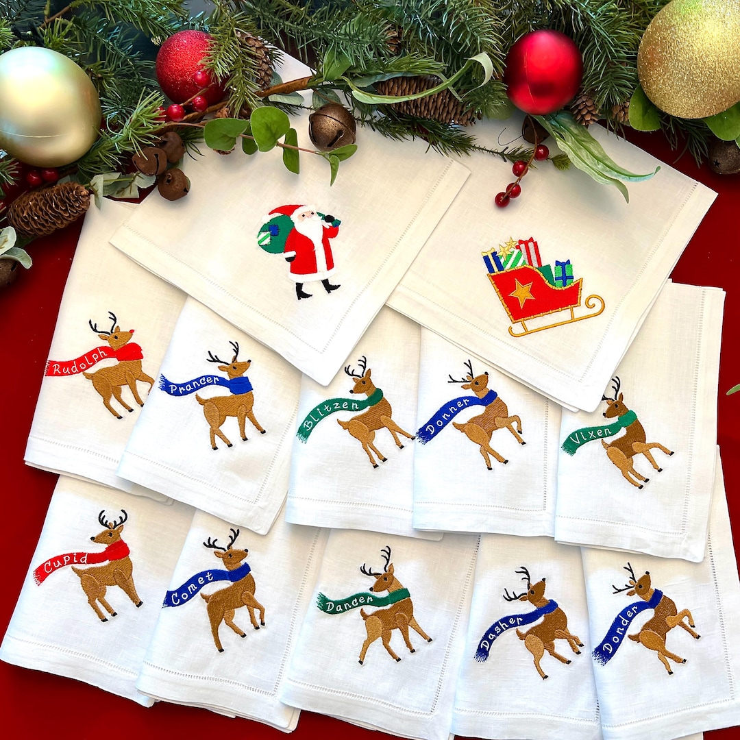Embroidered Santa and Reindeer Linen Hemstitch Christmas Dinner Napkins ...