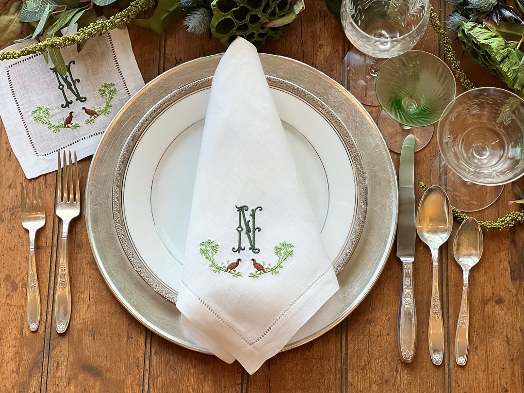 Embroidered Quail Wreath Monogrammed Dinner Napkins or Cocktail Napkins ...
