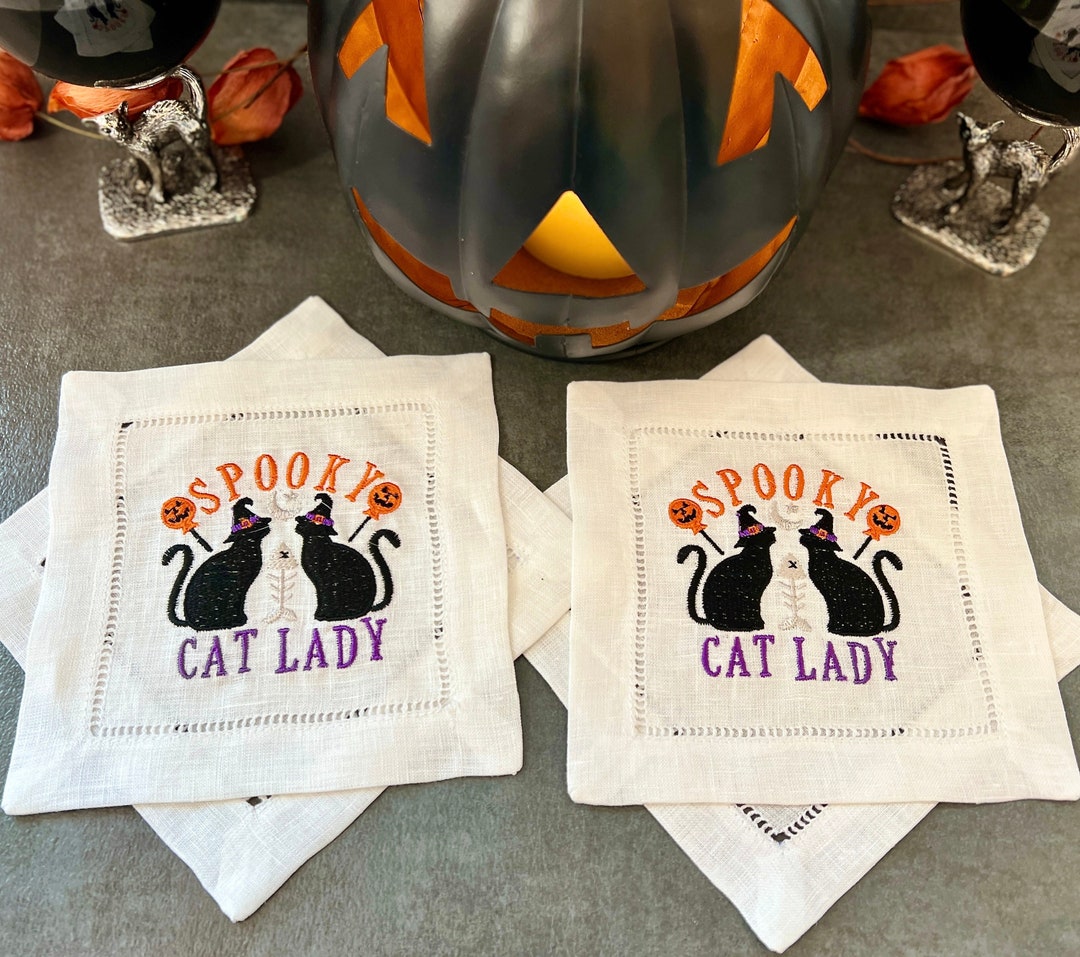 Embroidered Spooky Cat Lady Halloween Cocktail Napkins/coasters - Etsy