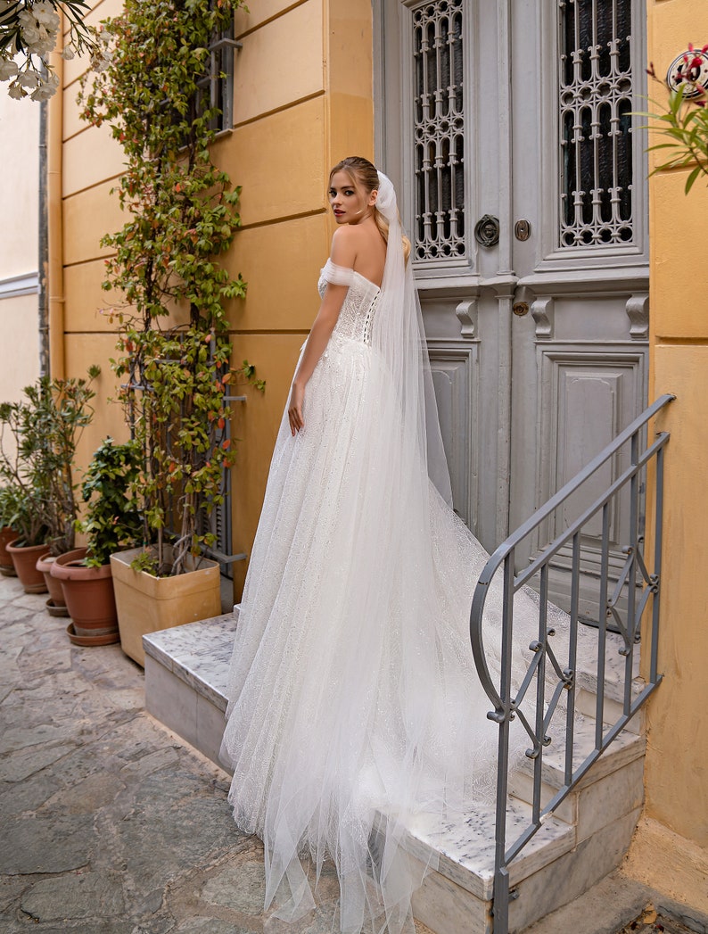 Off-the-shoulder Wedding Dress Tulle Bridal Dress Glitter - Etsy