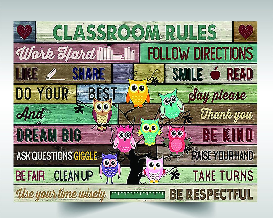 Tree Owl Canvas Poster Classroom Rules Work Hard Follow Directions Like ...