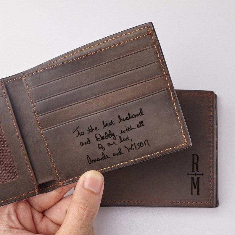 Handwriting Presents for Men, Custom Bifold Wallet, Engraved Leather ...