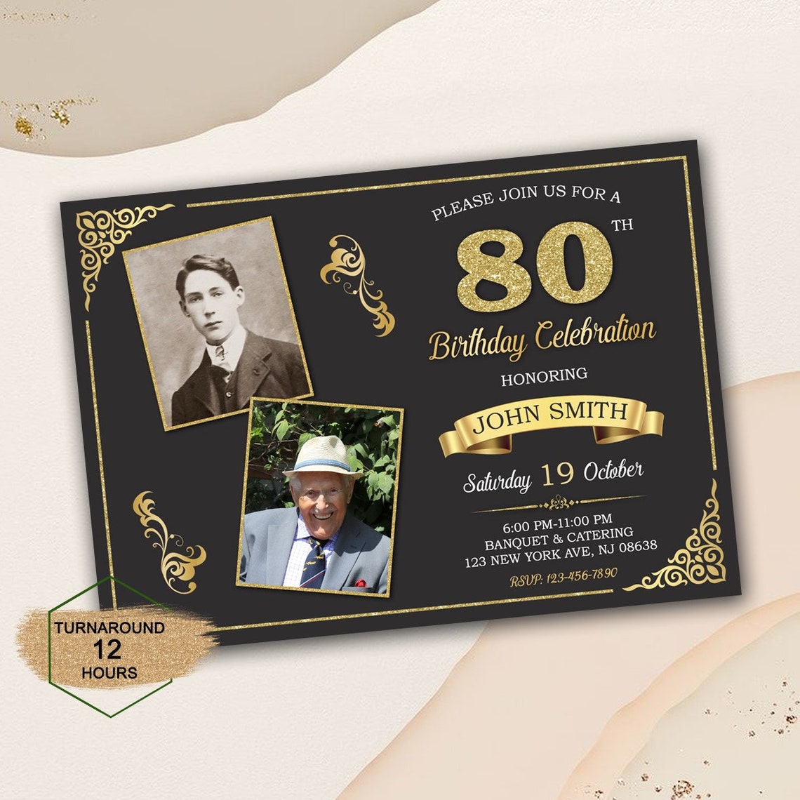 80th Birthday Photo Invitation Black And Gold Invitation Mens Etsy