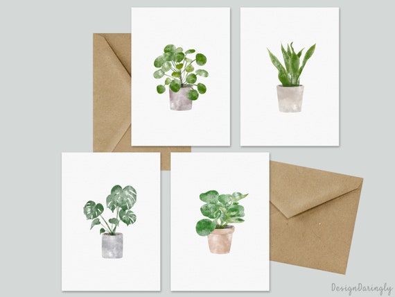 Potted Plant Cards Set of 4 Plant Cards Watercolor Plant | Etsy