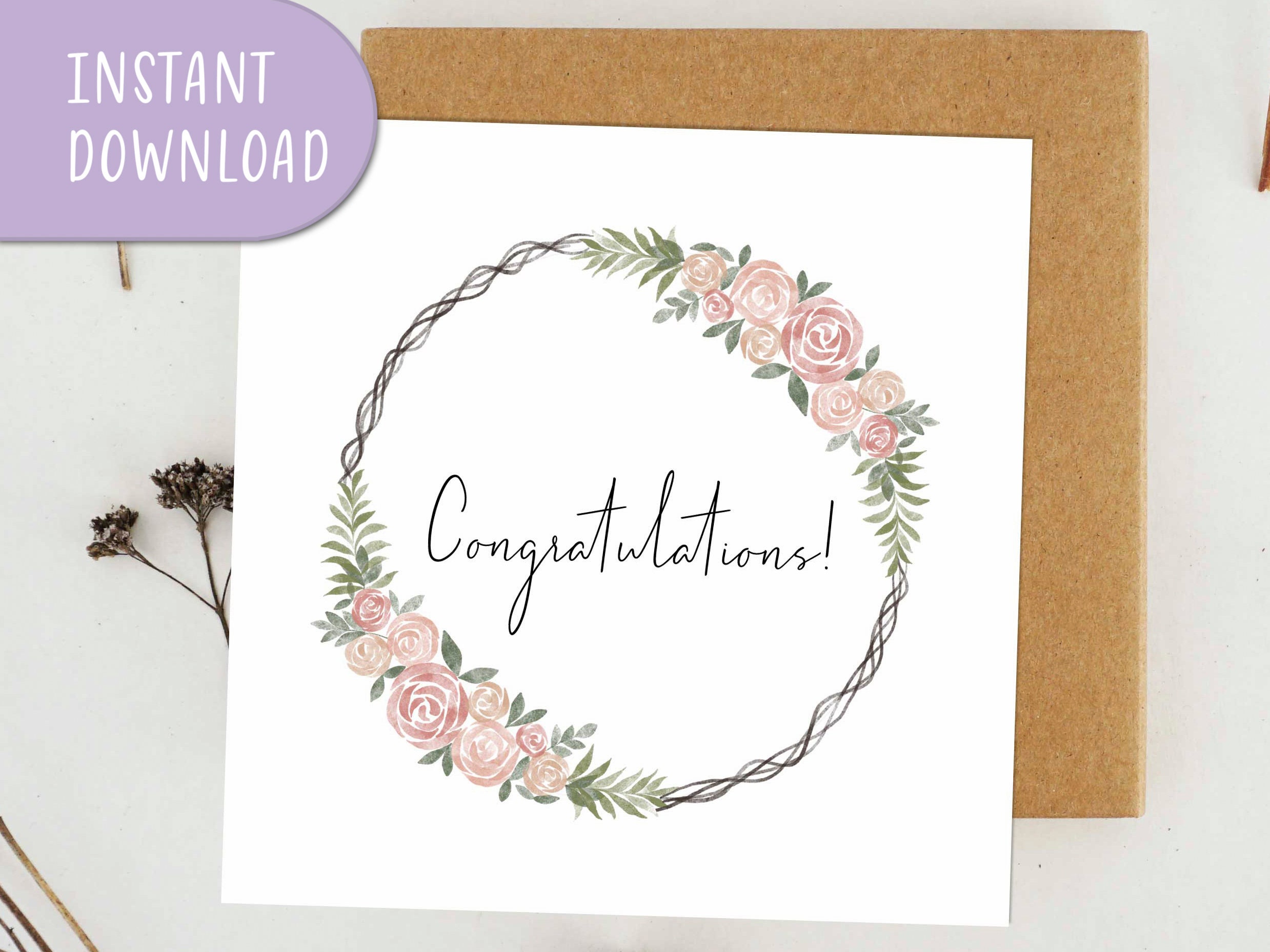 Congratulations Card, Rose Wreath Card, Congrats Card, Card for Her ...